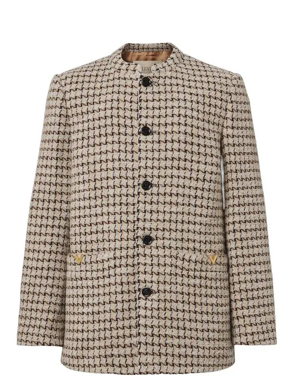 Valentino Garavani Houndstooth Wool And Silk-blend Bouclé Blazer - Beige