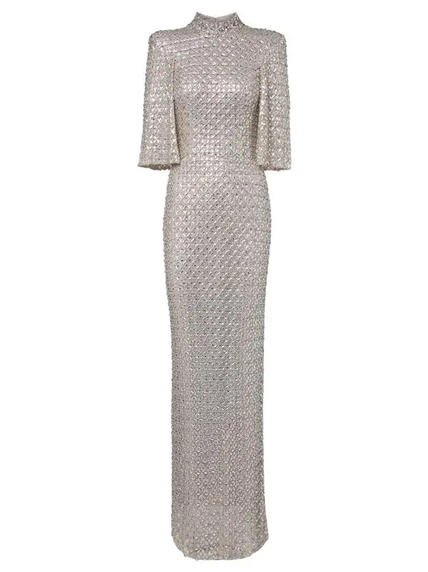 Jenny Packham Sedona Embellished Mesh Gown - Silver