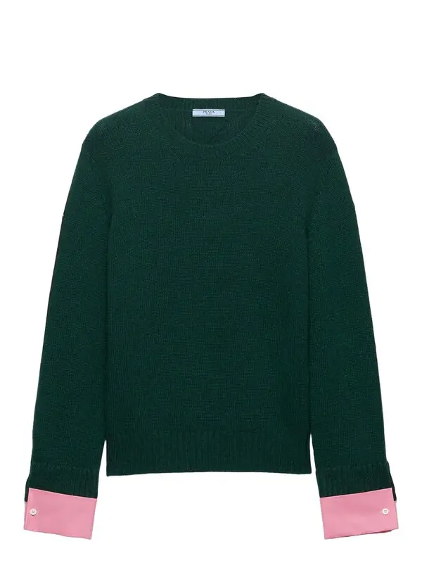 Prada Wool And Cashmere Crew-neck Sweater With Detachable Shirt Cuffs - Green