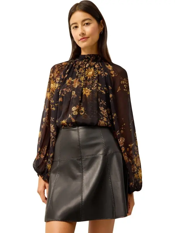 MARIE OLIVER Scottie Top With Sheer Raglan Sleeves In Print - Gilded