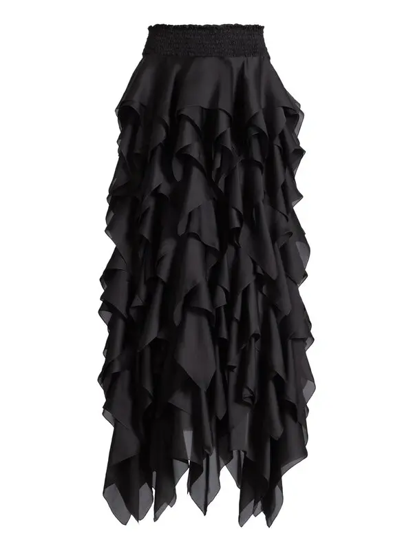Balmain Long Ruffled Silk Skirt - Black