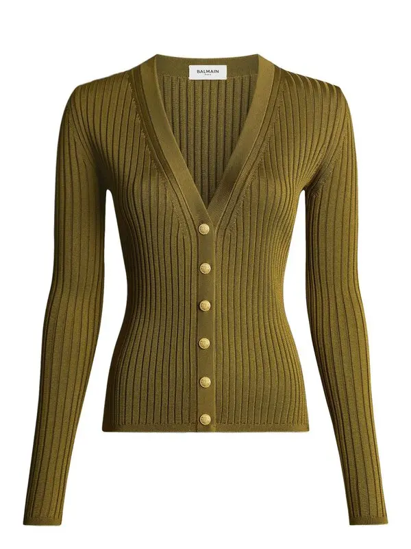 Balmain Ribbed Knit Cardigan With Gold-tone Buttons - Green