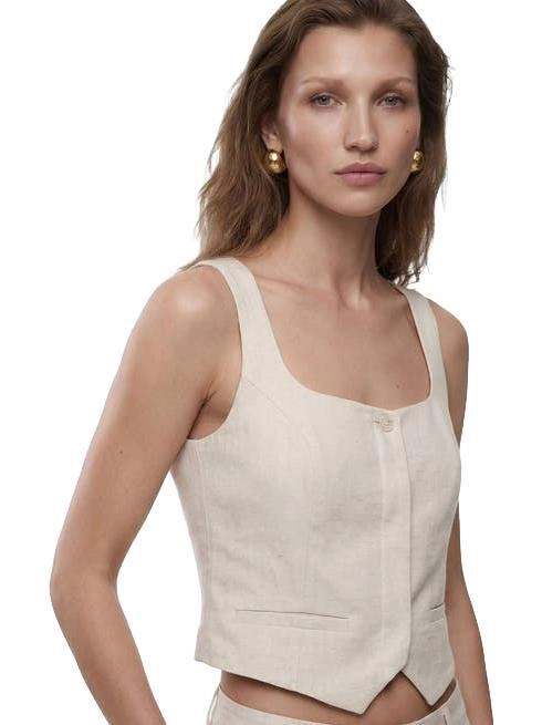 Koton Linen Blend Square Collar Crop Vest - Beige