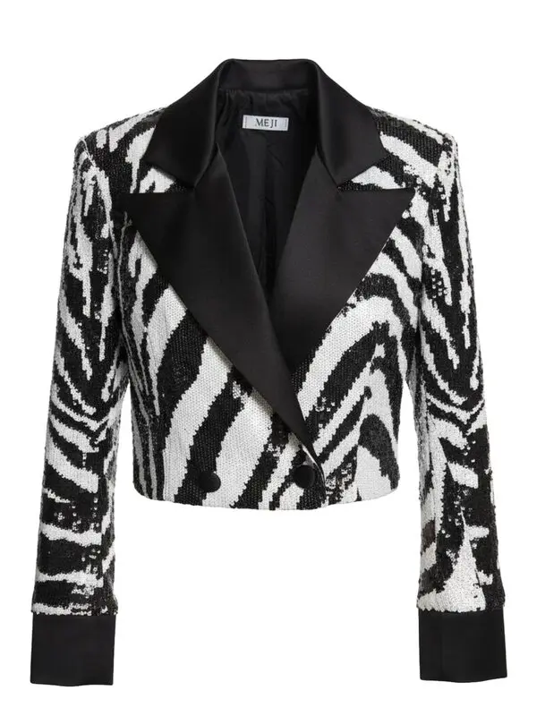 MEJI Zebra Sequin Double Breasted Cropped Jacket - Black