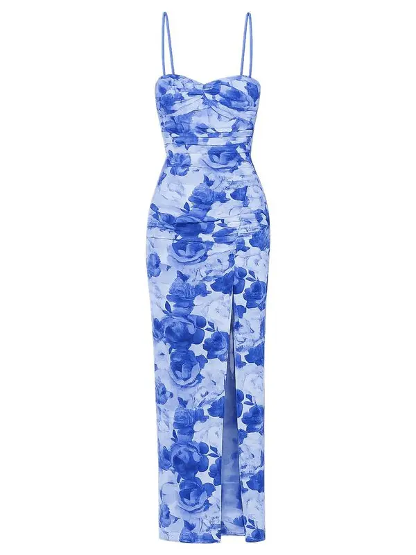 YUMI Mesh Ruched Midi Dress With Split - Blue