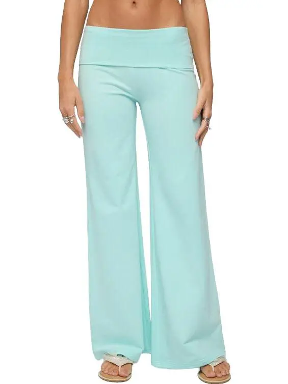 EDIKTED Wide Leg Foldover Waistband Pants - Turquoise