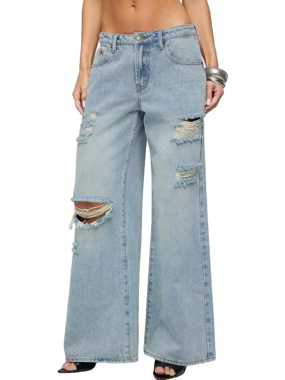 EDIKTED Distressed Low Rise Baggy Jeans - Light-blue-washed