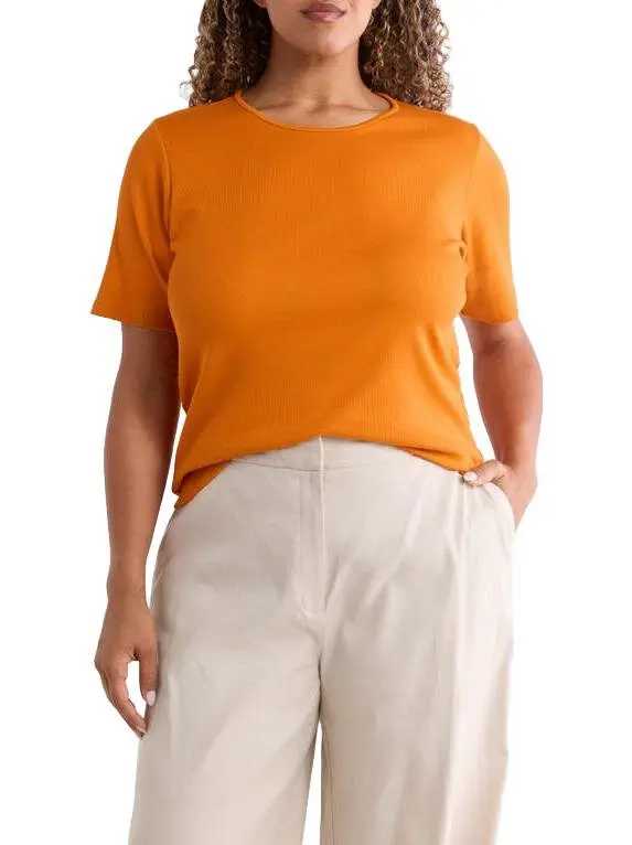 Eileen Fisher Rib Knit Organic Cotton Crewneck Top - Clay