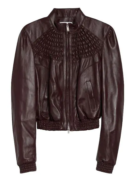 Alexander McQueen Smocked Lambskin Leather Bomber Jacket - Lacquer