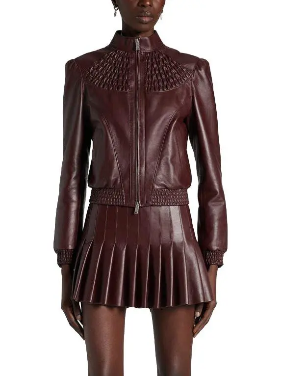 Alexander McQueen Smocked Lambskin Leather Bomber Jacket - Lacquer