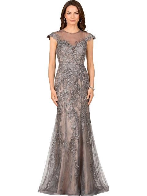 LARA NEW YORK Sheath Lace Gown With Cap Sleeves - Charcoal