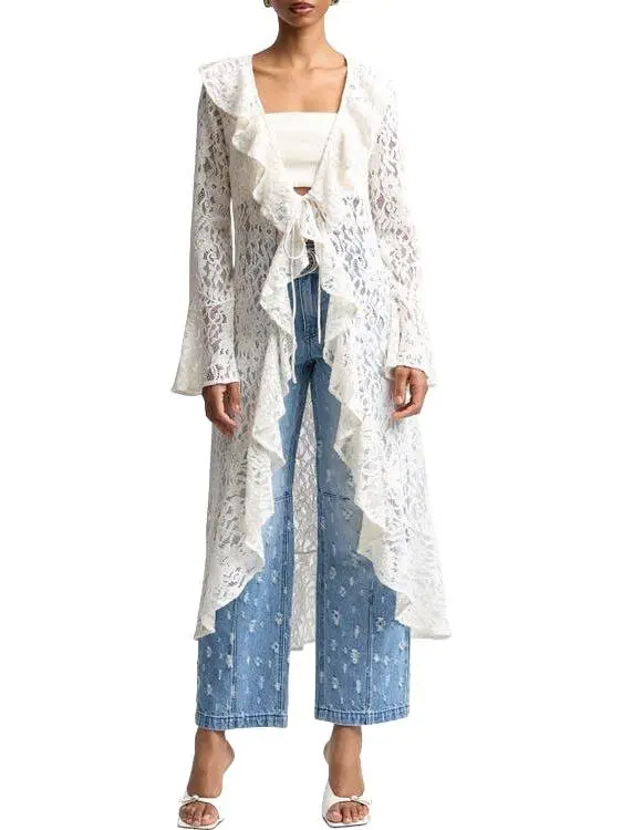 Avec Les Filles Longline Lace Ruffle Cardigan - White