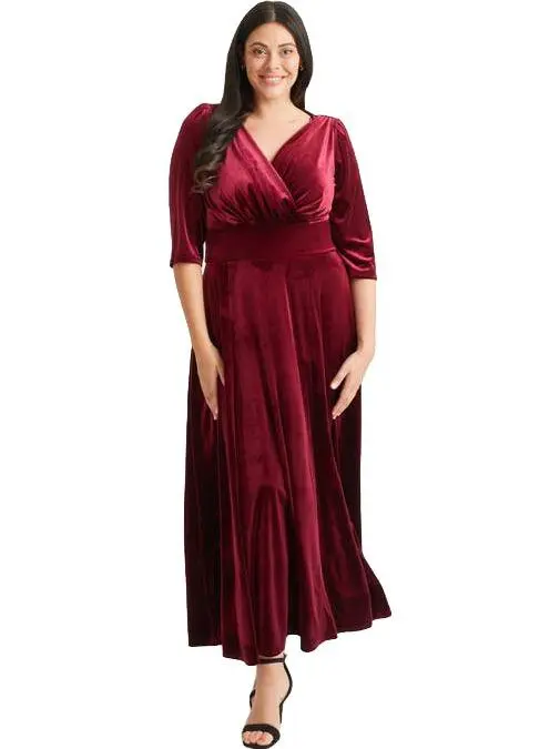 SCARLETT & JO Verity Velvet 3/4 Sleeve Maxi Dress - Claret