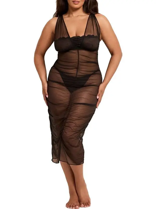 ADORE ME Sheer Lace & Mesh Ruched Midi Slip Dress & G-string Set - Black