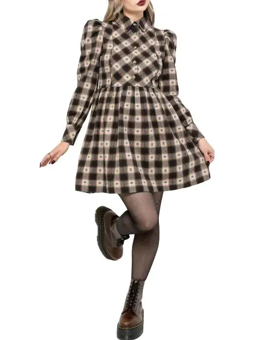 DISTURBIA Emily Cotton Check Mini Shirt Dress - Brown