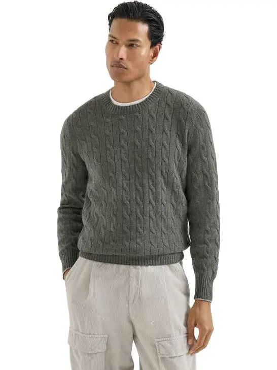 Brunello Cucinelli Cashmere Cable Knit Crew Neck Sweater - Dark Grey