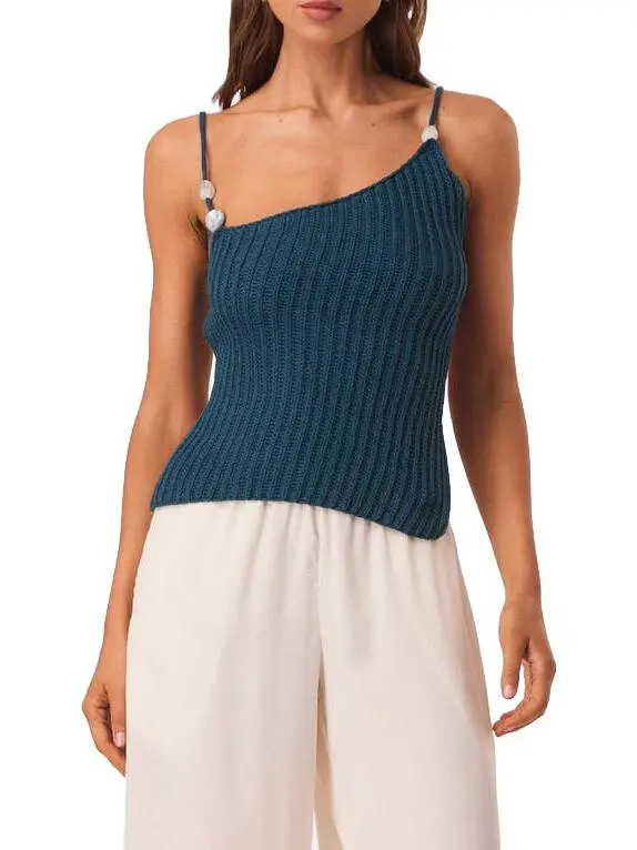 SNDYS. Asymmetric Ribbed Open Back Top With Shell-like Bead Detail - Teal