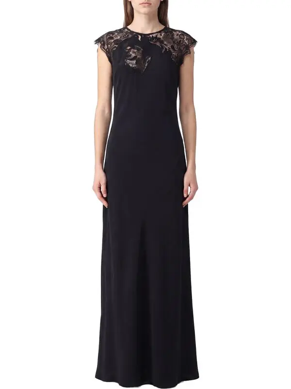 FERRAGAMO Long Silk Evening Gown With Lace Inserts - Black