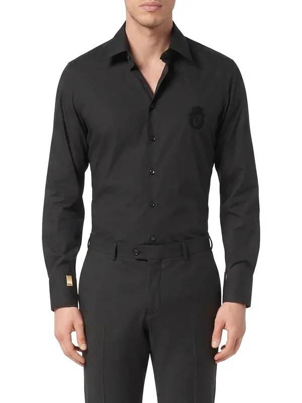 BILLIONAIRE Slim Fit Cotton Poplin Shirt With French Collar And Long Sleeves - Black