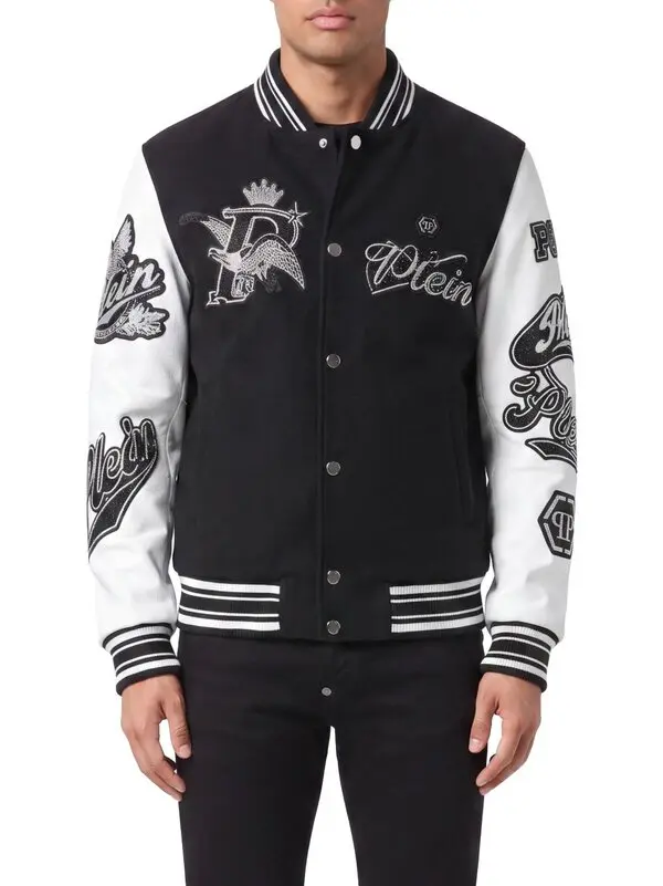 Philipp Plein Calfskin Bomber Jacket With Embroidered Logo And Contrast Trim - Black