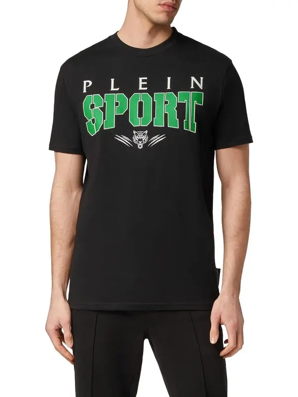 PLEIN SPORT Slim Fit Cotton T-shirt With Contrast Printed Logo - Black