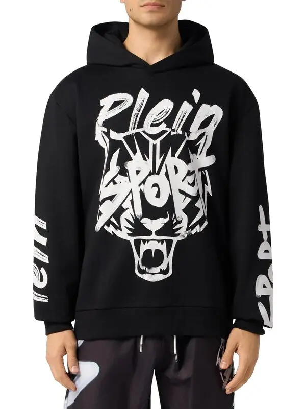 PLEIN SPORT Graphic Print Cotton Hoodie With Dropped Shoulders - Black