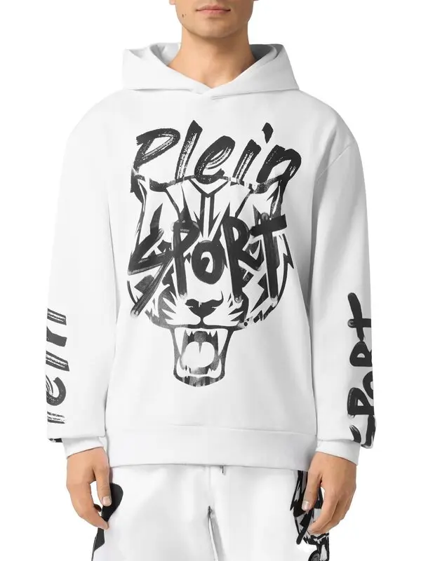 PLEIN SPORT Graphic Print Cotton Hoodie With Dropped Shoulders - White