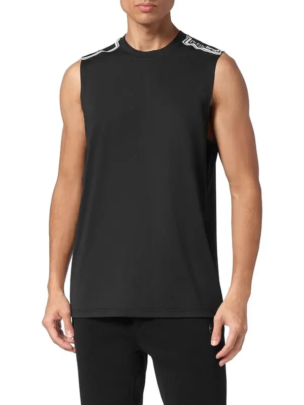 PLEIN SPORT Sleeveless Cotton Tank Top With Contrasting Logo Print - Black