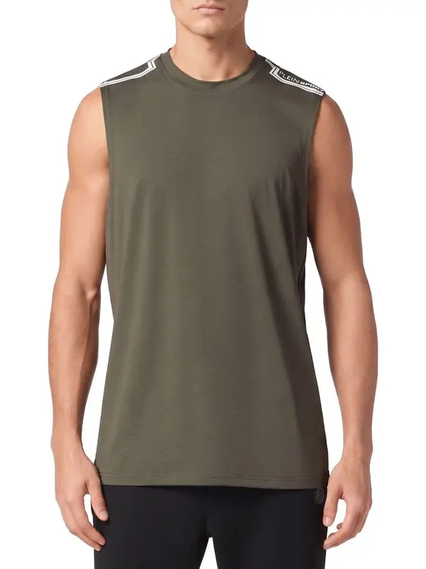 PLEIN SPORT Sleeveless Cotton Tank Top With Contrasting Logo Print - Green