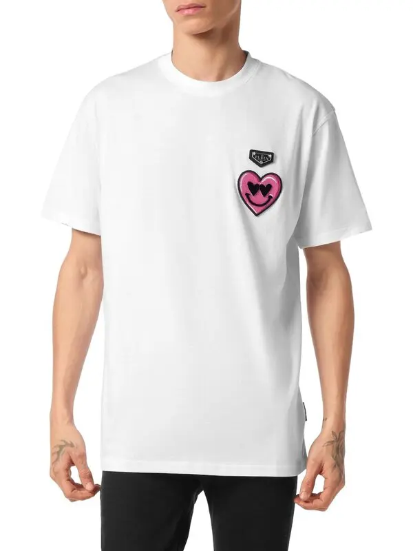 Philipp Plein Cotton T-shirt With Contrasting Logo Patch And Dropped Shoulders - White