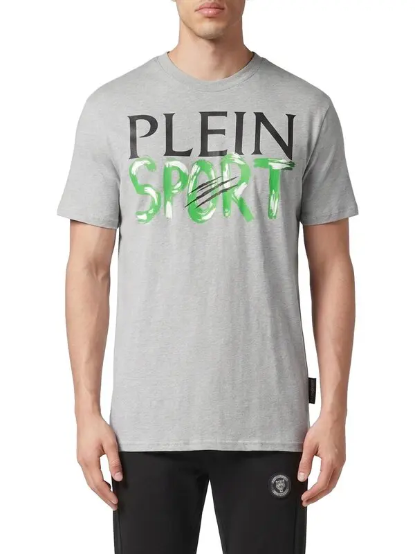 PLEIN SPORT Cotton T-shirt With Contrasting Front Printed Logo - Grey