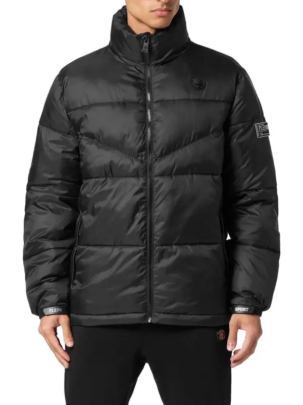 PLEIN SPORT Short Quilted Technical Fabric Puffer Jacket With High Neck And Zip Closure - Black