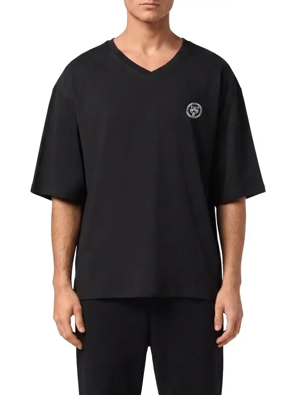 PLEIN SPORT V-neck Dropped Shoulder Cotton T-shirt - Black