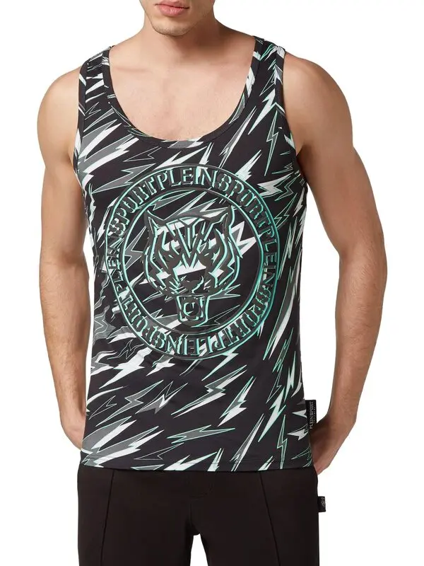 PLEIN SPORT Graphic Print U-neck Tank Top - Black