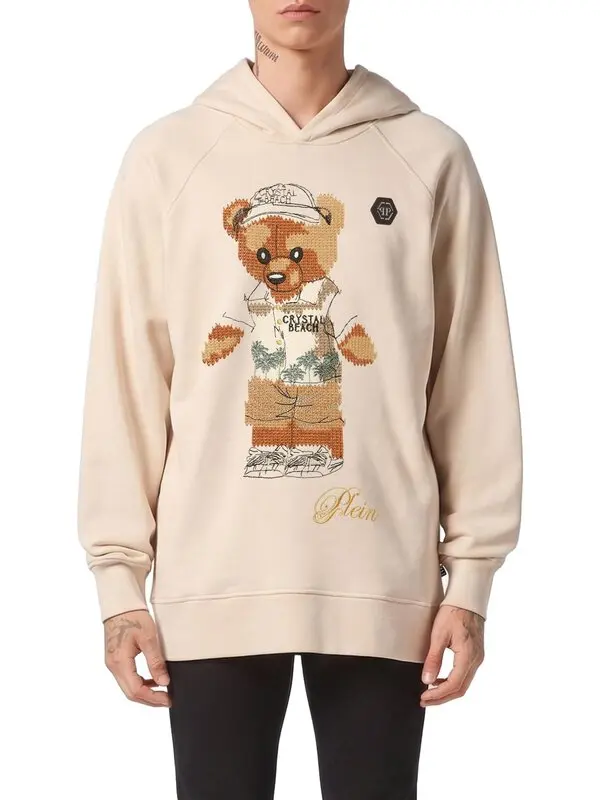 Philipp Plein Oversized Cotton Hoodie With Teddy Bear Print - Beige