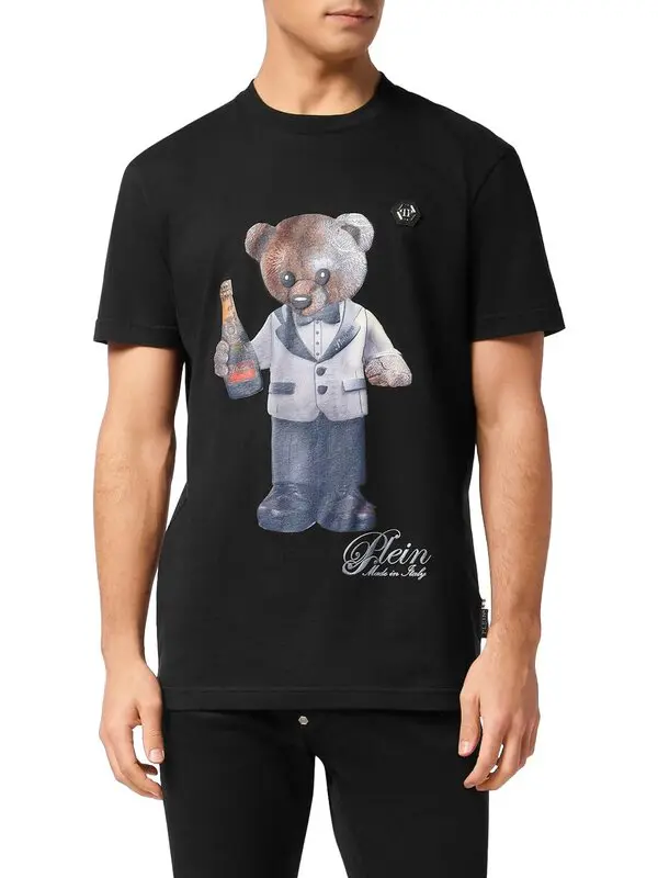 Philipp Plein Cotton T-shirt With Contrasting Teddy Bear And Logo Print - Black