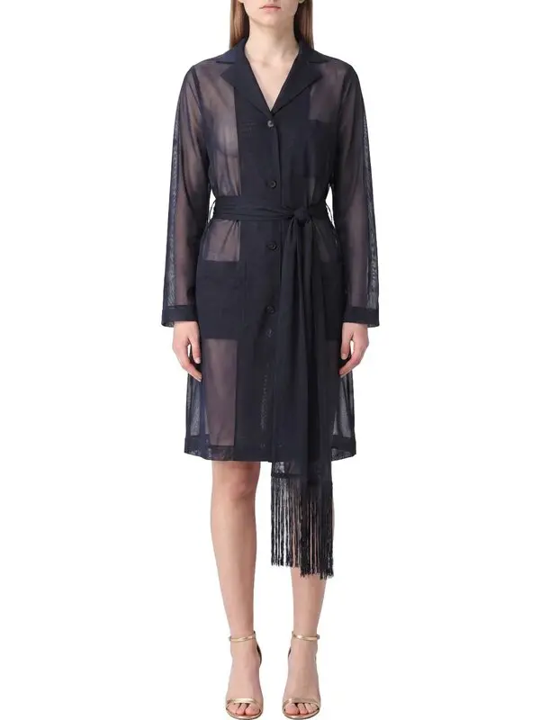 FERRAGAMO Sheer Button-up Dress With Fringe - Navy