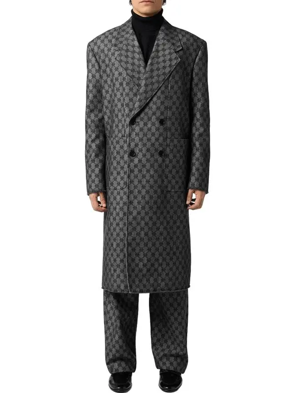 Philipp Plein Double-breasted Cotton Blend Monogram Coat - Black