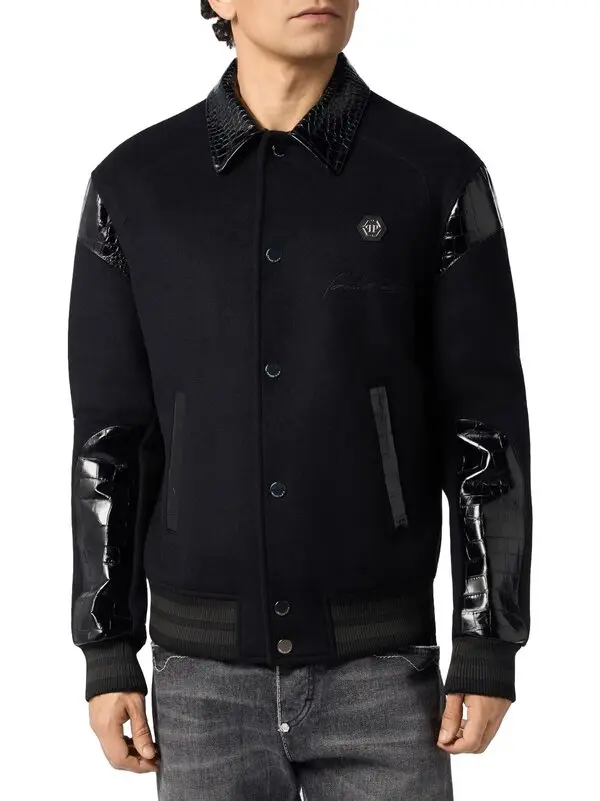 Philipp Plein Coster Wool And Leather Bomber Jacket With Monogram And Crocodile Effect - Black