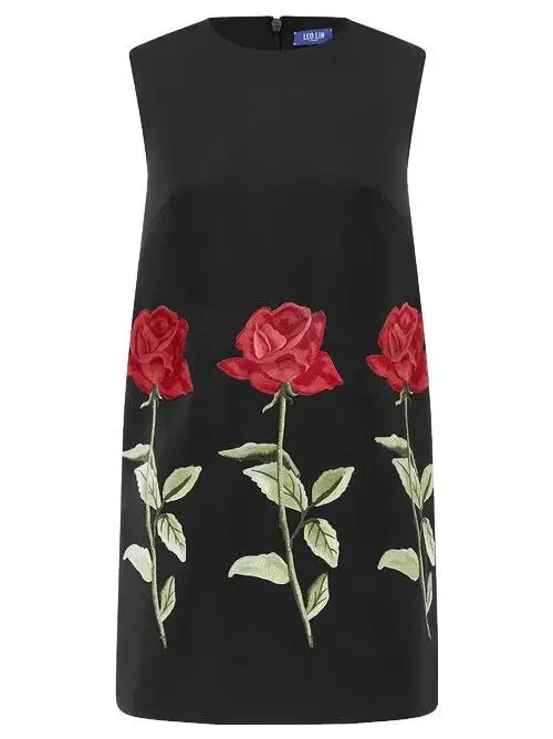 LEO LIN Yvonne Embroidered Rose Mini Dress - Ebony