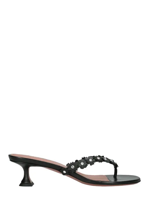 Amina Muaddi Janis Leather Flower Appliqué Heeled Sandals - Black