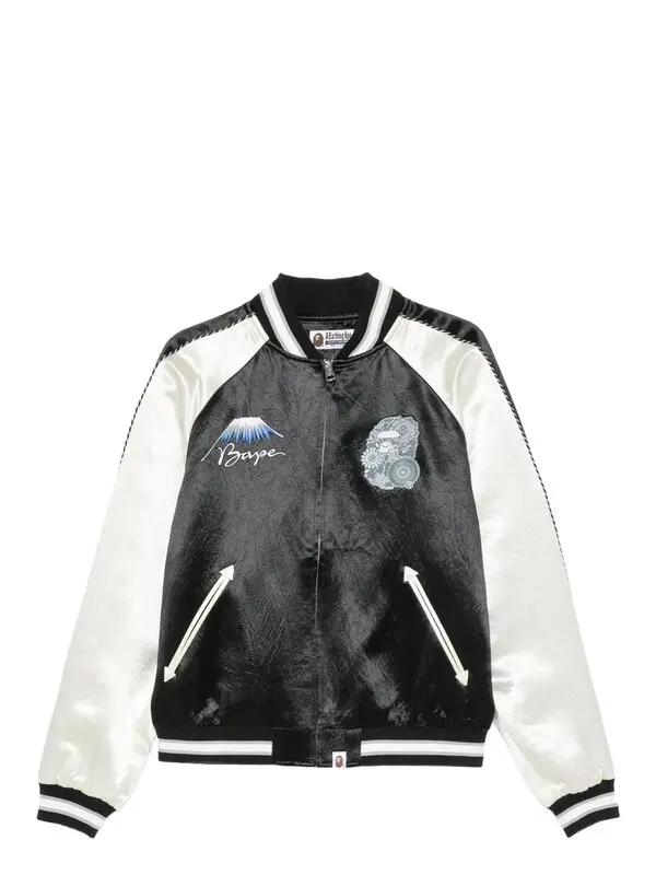 A BATHING APE Satin Finish Tiger Embroidered Bomber Jacket - Navy