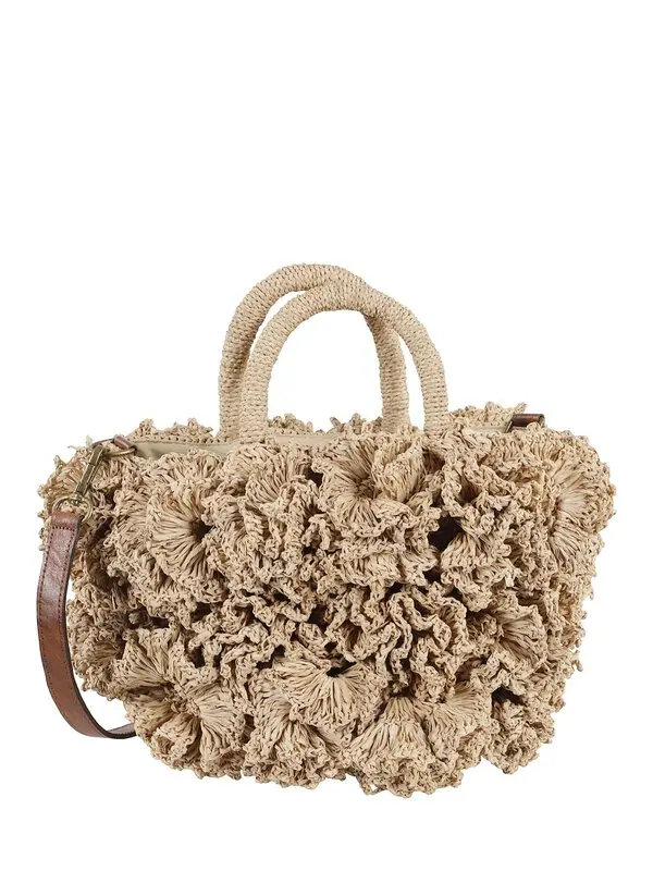 IBELIV Raffia Mini Bag With Floral Embellishments - Ecru