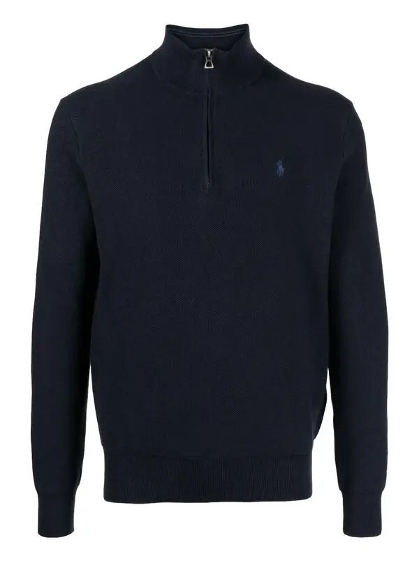 Polo Ralph Lauren High Neck Half Zip Fine Knit Polo With Signature Motif For - Blue