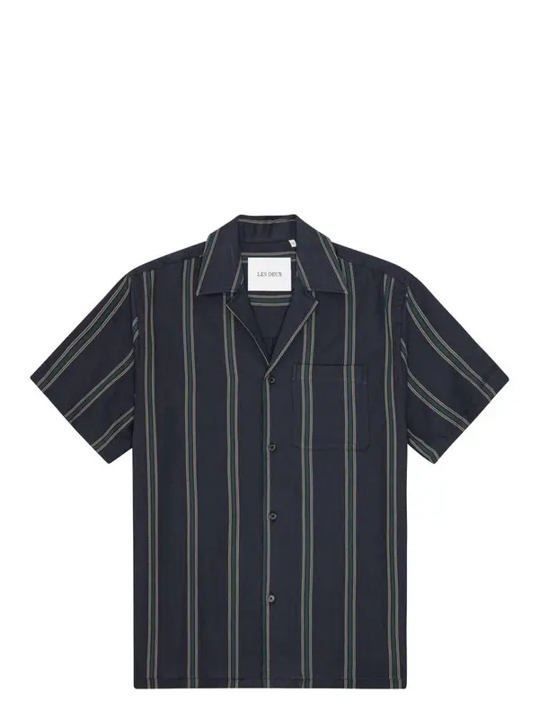 LES DEUX Short Sleeve Striped Button-up Shirt - Navy