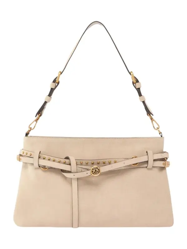 Pinko Leather Shoulder Bag With Studded Belt Detail - Beige