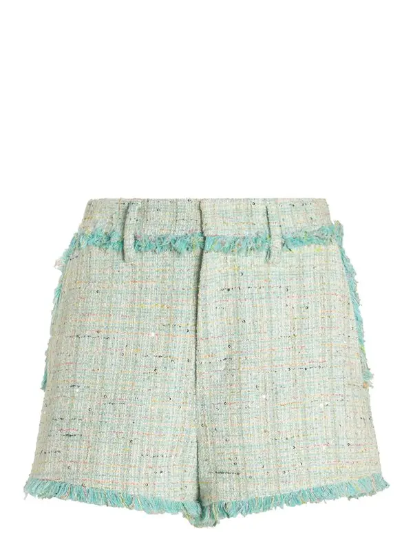 GENNY Tweed Mini Shorts With Frayed Hem - Green