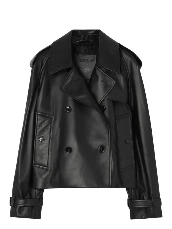 Burberry Lambskin Leather Double Breasted Coat With Buffalo Horn Buttons - Black