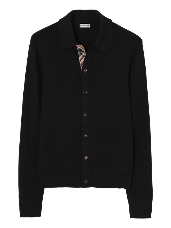 Burberry Fine-knit Wool Collared Cardigan With Check Placket - Nero