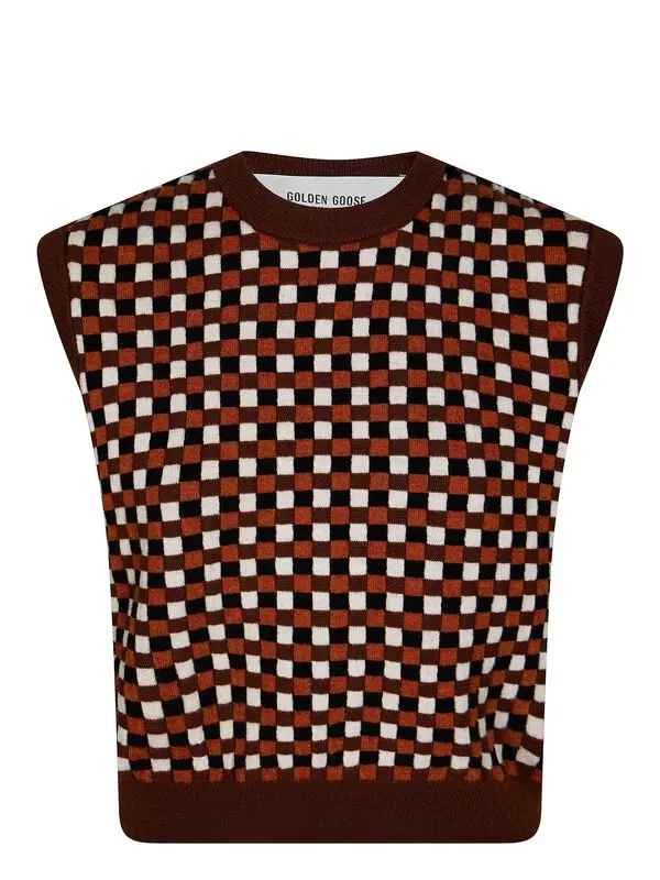 GOLDEN GOOSE Wool Gilet With Checkered Pattern - Marrone
